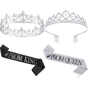 lyrow 4 pcs prom king and queen crown set with sashes and tiara prom sashes for graduation halloween costume(silver, silver)