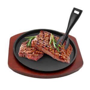 vikksaer 10.2" cast iron steak plate, sizzling plate with wooden base & hot plate gripper, steak pan grill fajita server plate for restaurant home kitchen cooking accessory