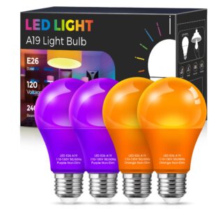 purple orange light bulbs outdoor [ 4 pack ] led a19 halloween light bulbs led orange light 9w (60w equivalent) - e26 purple led light bulb for porch light colored christmas party home decor