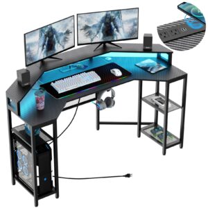 gyfimoie computer desk with power outlet & led light, 63" large wing-shaped gaming desk with full monitor stand, wireless charging, rgb mouse pad,headphone hook,studio desk with storage shelf for live