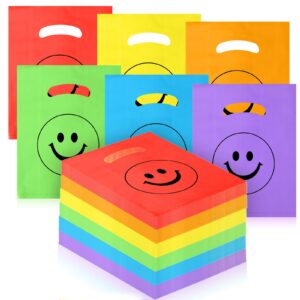 geyee 300 pieces smile face gift bags 6" x 8" plastic party favors bags christmas party goodie bags treat bags bulk with handle for kids birthday party classroom school supplies(multicolor)