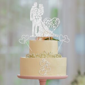 spiareal 4 pcs wedding cake topper mr and mrs rhinestone bride and groom love cake topper metal happy engagement anniversary cake topper wedding party cake decor cake topper for bridal shower(silver)