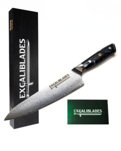 excaliblades ultra sharp 8" damascus chef's knife. high carbon 67-layers vg10 stainless steel kitchen knife, ultra sharp with full tang. black turquoise ergonomic g10 handle.