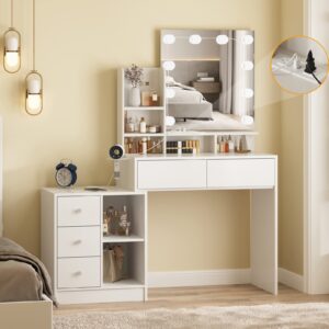 vabches makeup vanity with lights and charging station, functional white vanity table with 5 drawers and lots storage shelves for women girls, 48.3in(w)