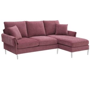 P PURLOVE Convertible Sectional Sofa Couch with 2 Pillows, Convertible Sectional Sofa, Modern Chenille L-Shaped Sofa Couch with Reversible Chaise Lounge for Living Room Apartment (Pink)