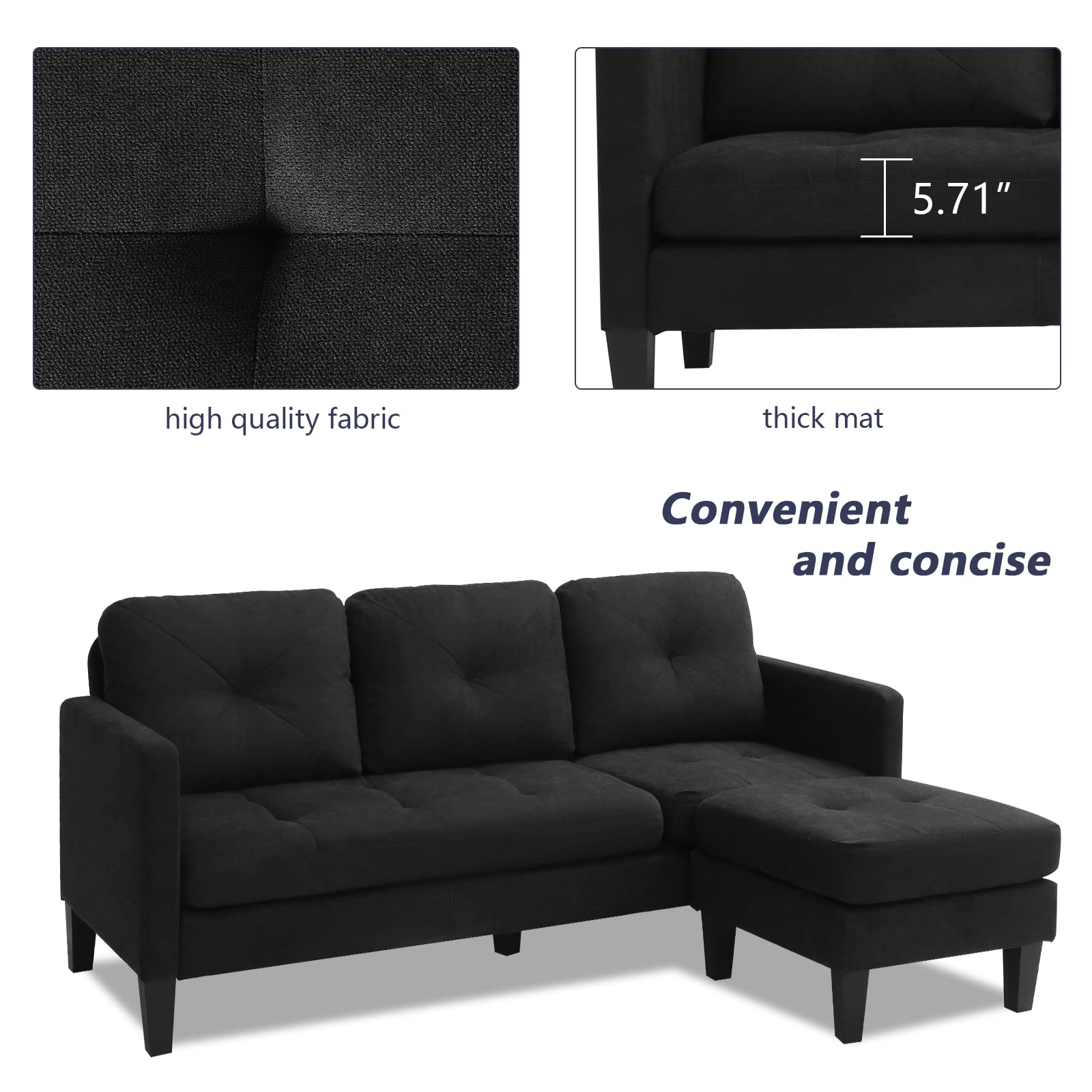 Grepatio Convertible Sectional Sofa Couch, 3 Seat L-Shaped Sofa Couch with Modern Linen Fabric for Small Space Living Room (Black)