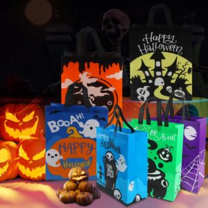 KIMOBER 12 Packs Halloween Non-Woven Trick or Treat Bags,Large Reusable Gift Tote Bags with Handles,6 Colors Goodie Bags for Halloween Party Supplies,15.7×11.8×5.9“