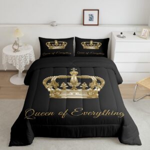 jejeloiu queen pattern bedding set kids crown printed comforter set modern comforter for women men room decor abstract art gold black duvet set queen size with 2 pillow case