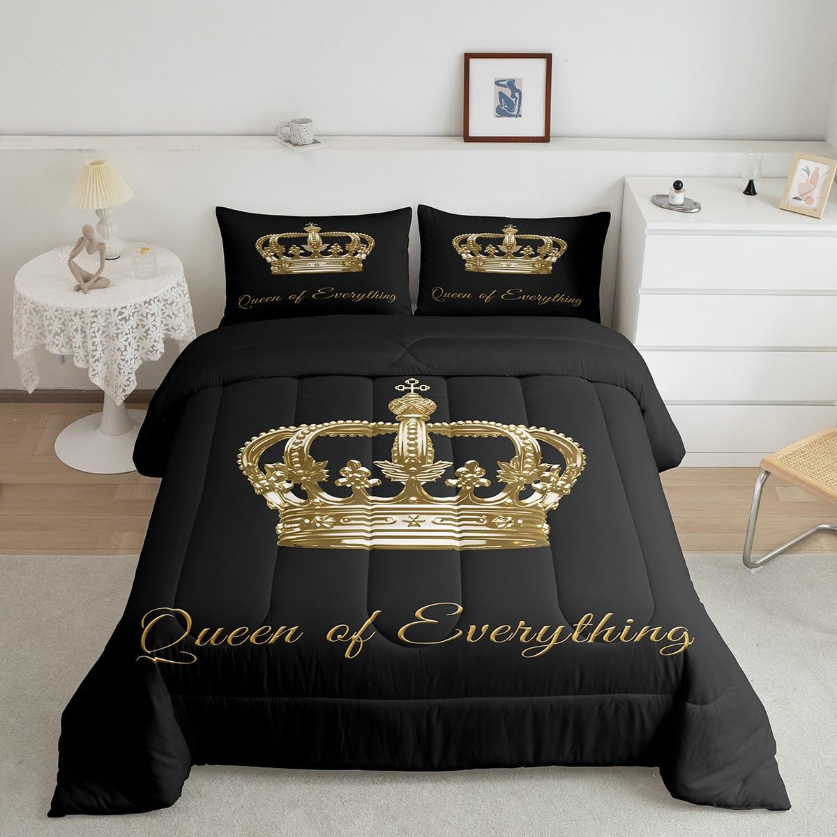 jejeloiu Queen Pattern Bedding Set Kids Crown Printed Comforter Set Modern Comforter for Women Men Room Decor Abstract Art Gold Black Duvet Set Queen Size with 2 Pillow Case