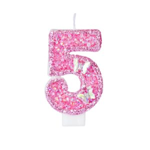 saododku birthday candles, number candles for birthday cakes with butterfly, pink birthday candles sparklers, 3.2" cake candles for cake topper decoration, party/festival celebration(number 5)