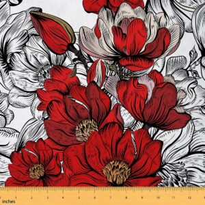 red poppy fabric by the yard abstract sketch wild flowers decor fabric for sewing lovers outoor retro floral rustic style fabric for diy upholstery and home accents 1 yard