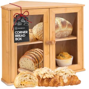 tavimojo corner bread box for kitchen countertop - wooden bamboo breadbox storage container for homemade bread & sourdough - airtight bread holder saver for counter shelf (large, double layer)