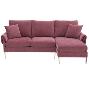 P PURLOVE Convertible Sectional Sofa Couch with 2 Pillows, Convertible Sectional Sofa, Modern Chenille L-Shaped Sofa Couch with Reversible Chaise Lounge for Living Room Apartment (Pink)