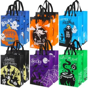 kimober 12 packs halloween non-woven trick or treat bags,large reusable gift tote bags with handles,6 colors goodie bags for halloween party supplies,15.7×11.8×5.9“