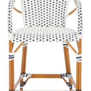 SAFAVIEH Outdoor Collection California White/Navy Bistro Woven Counter Stool with Arms (Fully Assembled)