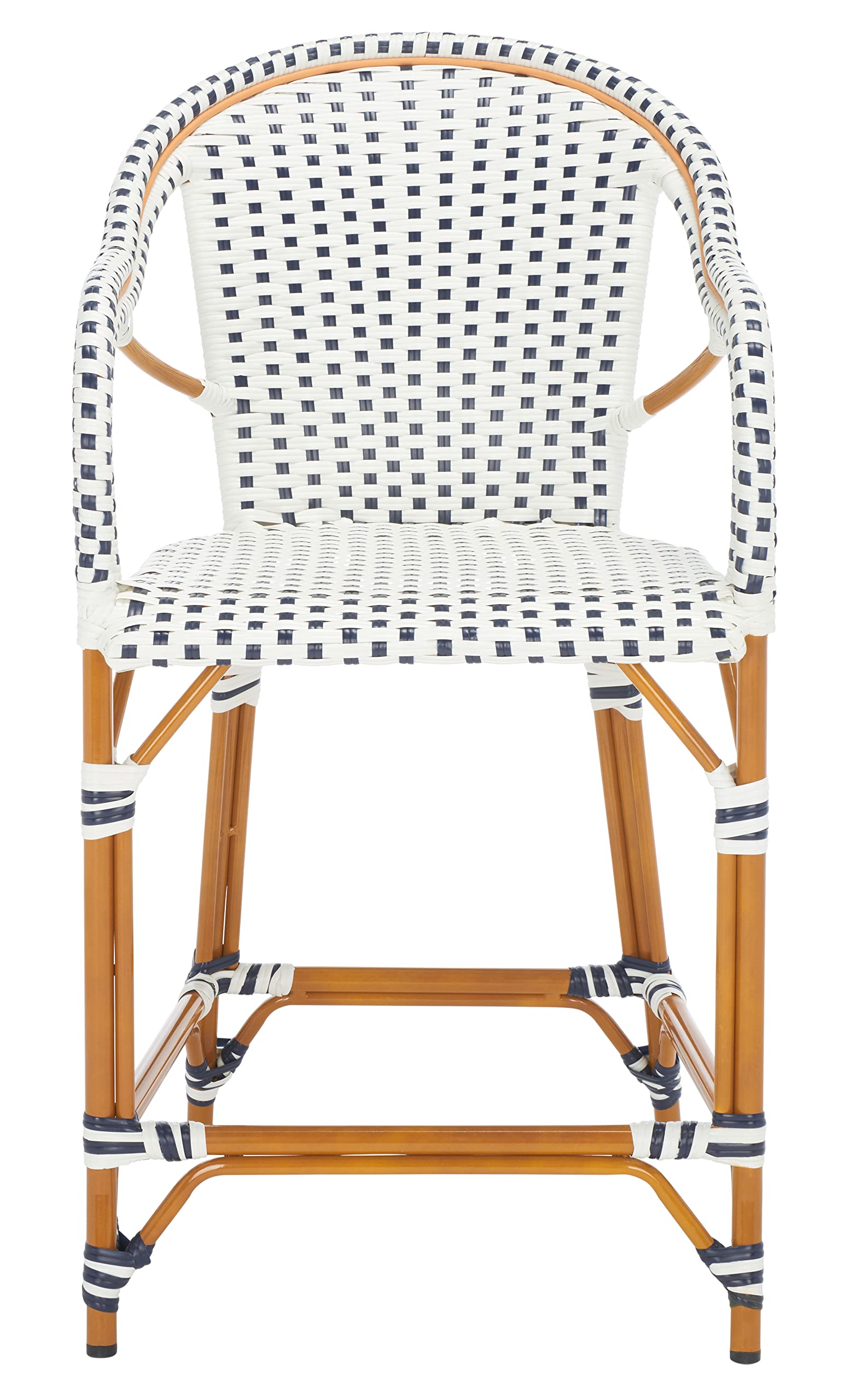 SAFAVIEH Outdoor Collection California White/Navy Bistro Woven Counter Stool with Arms (Fully Assembled)