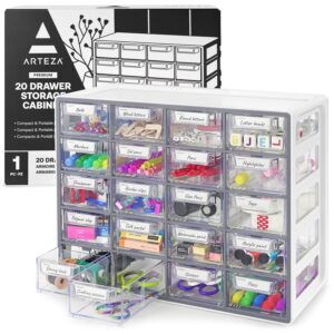 arteza organizer box – compact 20-drawer clear storage solution for pens, clips, sewing & craft supplies – high-impact plastic, home, office & classroom organization – gray