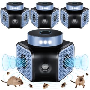 qualirey 4 pack mouse repellent, 360° ultrasonic rodent repellent indoor mice repellent, squirrel pest repeller plug-in 4 modes bat spider deterrent with 9 strobe lights attic garage house rv(blue)