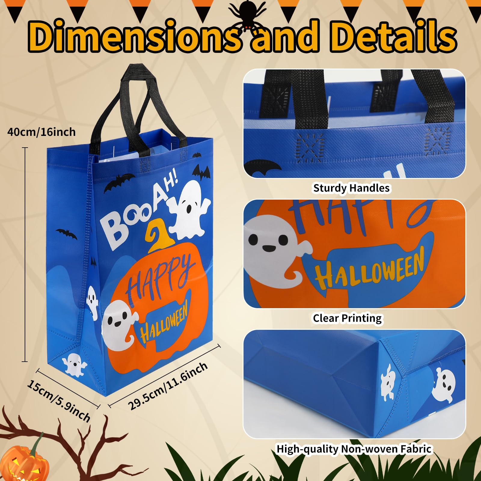 KIMOBER 12 Packs Halloween Non-Woven Trick or Treat Bags,Large Reusable Gift Tote Bags with Handles,6 Colors Goodie Bags for Halloween Party Supplies,15.7×11.8×5.9“