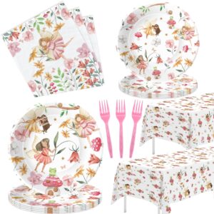 xigejob fairy party decorations tableware, fairy birthday party supplies, plate, napkin, tablecloth, fork, flower fairies enchanted forest garden birthday baby shower decorations dinnerware | serve 24