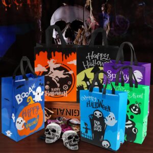 KIMOBER 12 Packs Halloween Non-Woven Trick or Treat Bags,Large Reusable Gift Tote Bags with Handles,6 Colors Goodie Bags for Halloween Party Supplies,15.7×11.8×5.9“