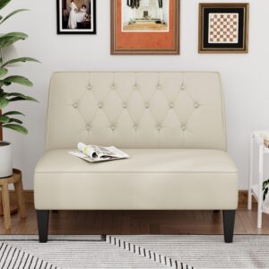 alunaune upholstered loveseat bench couch for bedroom, modern anti scratch cushioned armless settee small love seat sofa faux leather living room couch-beige