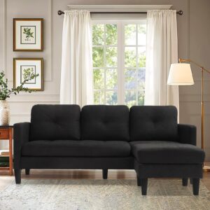 grepatio convertible sectional sofa couch, l-shaped couch with modern linen fabric for small space (black)