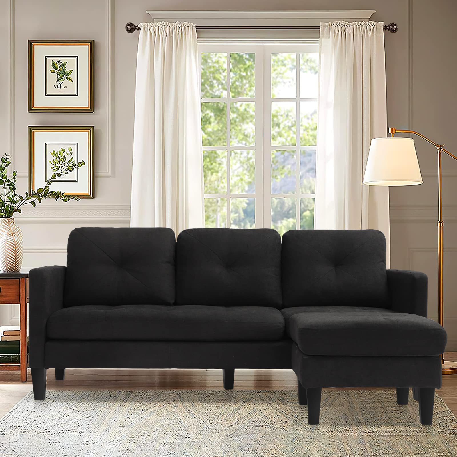 Grepatio Convertible Sectional Sofa Couch, 3 Seat L-Shaped Sofa Couch with Modern Linen Fabric for Small Space Living Room (Black)