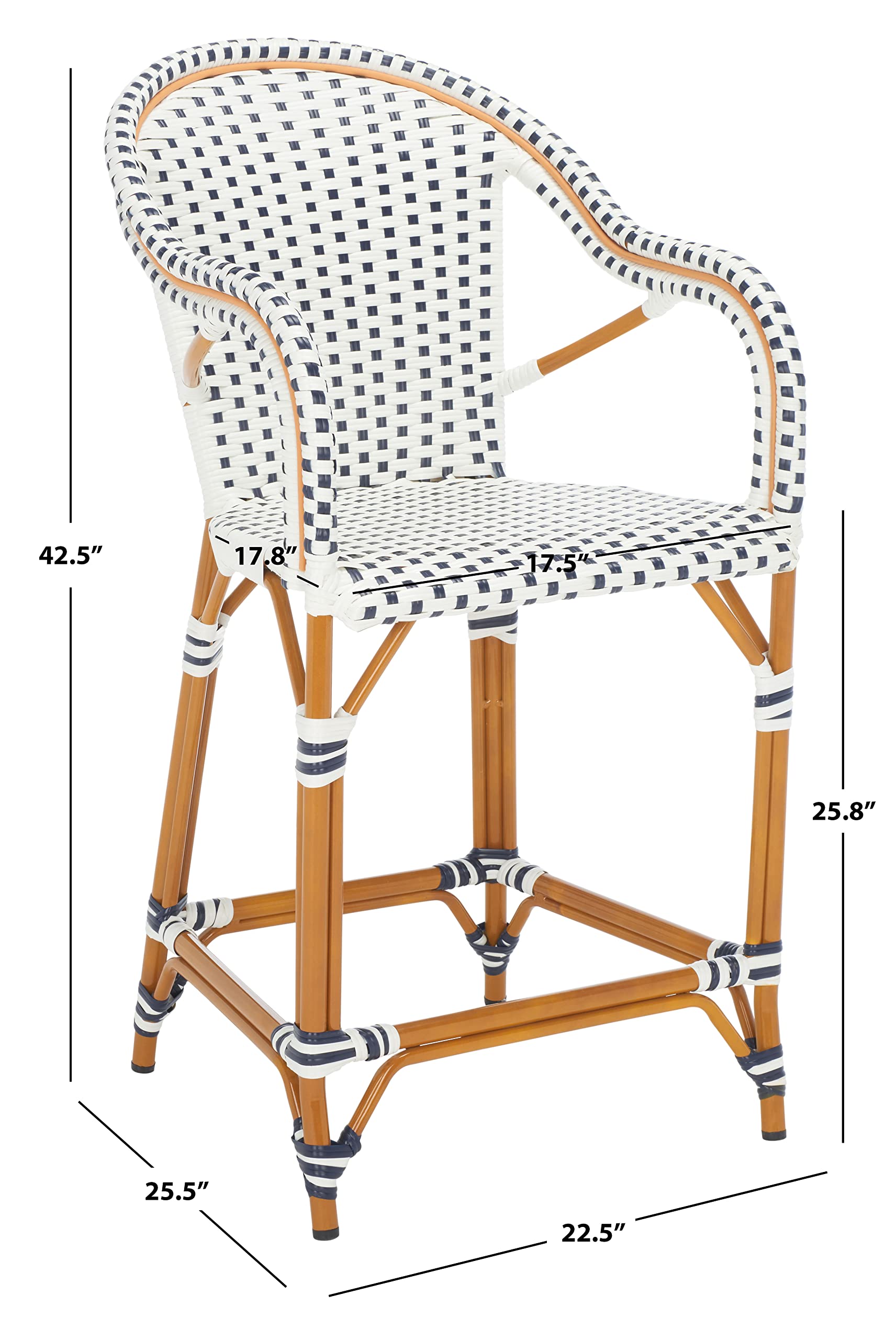 SAFAVIEH Outdoor Collection California White/Navy Bistro Woven Counter Stool with Arms (Fully Assembled)