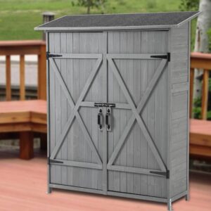 outdoor storage shed with lockable door, wooden tool storage shed w/detachable shelves & pitch roof, easy to assemble suitable for home and yard (grey)