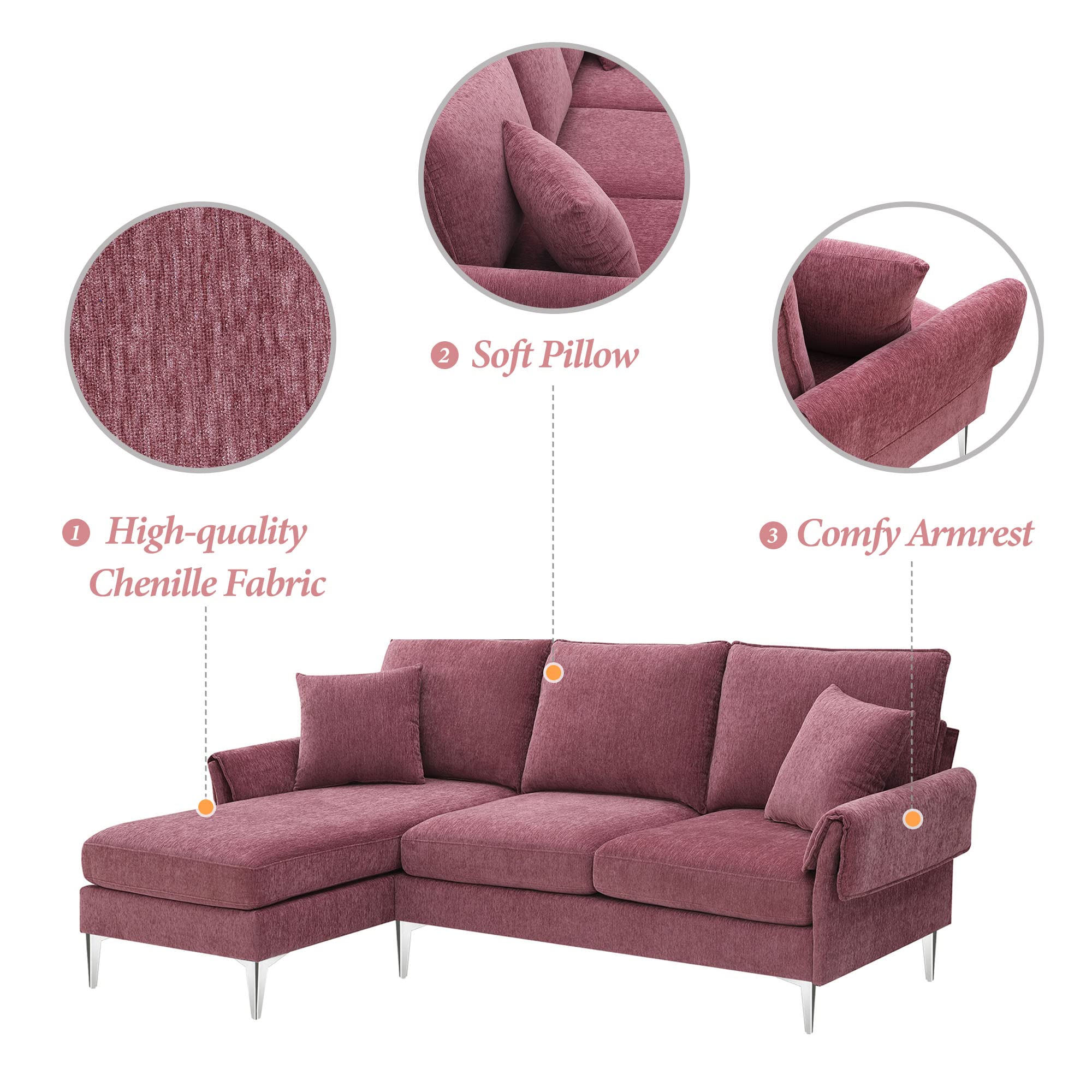 P PURLOVE Convertible Sectional Sofa Couch with 2 Pillows, Convertible Sectional Sofa, Modern Chenille L-Shaped Sofa Couch with Reversible Chaise Lounge for Living Room Apartment (Pink)