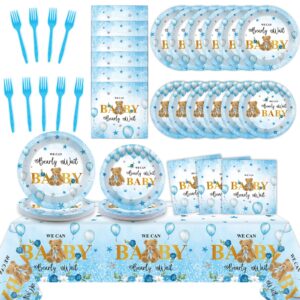 98 pcs bear baby shower decorations we can bearly wait tableware set baby shower themed tablecloth plates boho napkins forks for boy girl baby shower gender reveal birthday party supplies