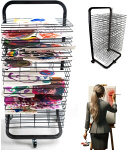 joymaney art drying rack for classrooms and art studios, original unique system of 25 shelves that have 90 degree lift and are removeable, mobile and sturdy, ideal for schools,art, preschool