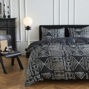 simple&opulence boho cooling duvet cover set, 3pcs aztec luxury tribal geometric pattern comforter cover set 100% viscose from bamboo, soft breathable bedding for hot sleepers(black, king)