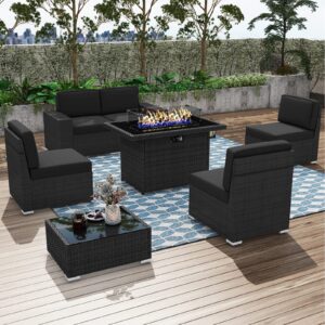 kholh 7 pieces patio furniture conversation sofa set with 44" propane gas fire pit table, outdoor sectional rattan wicker sofa set