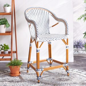 safavieh outdoor collection california white/navy bistro woven counter stool with arms (fully assembled)