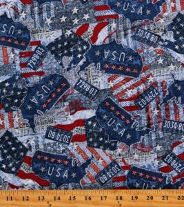 cotton united states of america patriotic denim-look usa american flags route 66 cotton fabric print by the yard (usa-c8793-usa)