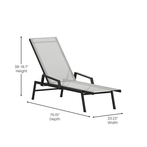 Flash Furniture Brazos Adjustable Chaise Lounge Chair with Arms, All-Weather Outdoor Five-Position Recliner, Black/Gray