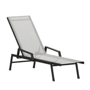 flash furniture brazos adjustable chaise lounge chair with arms, all-weather outdoor five-position recliner, black/gray