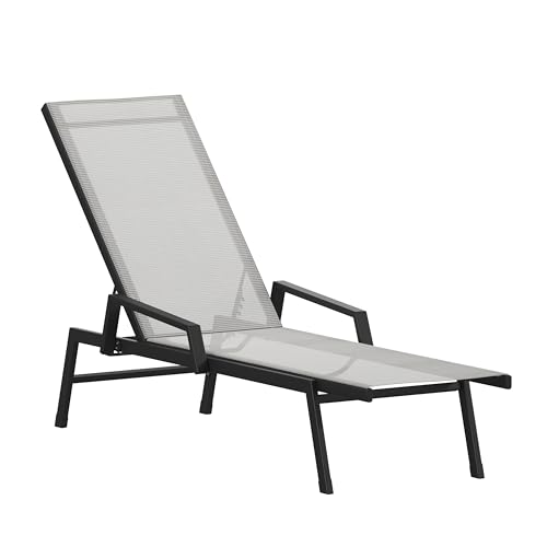 Flash Furniture Brazos Adjustable Chaise Lounge Chair with Arms, All-Weather Outdoor Five-Position Recliner, Black/Gray