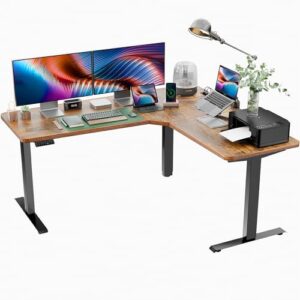 marsail corner stand up desk adjustable height with 4-in 1 electical outlet, l shaped electric standing desk with headphone hook, stand up desk for home office sturdy writing workstation rustic