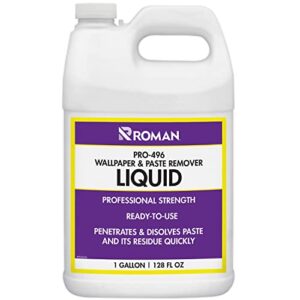 roman wallpaper remover liquid, contractor strength wallpaper stripper and adhesive remover, unscented, non-staining, clear, pro-496 (1 gallon, 300 sq. ft.)