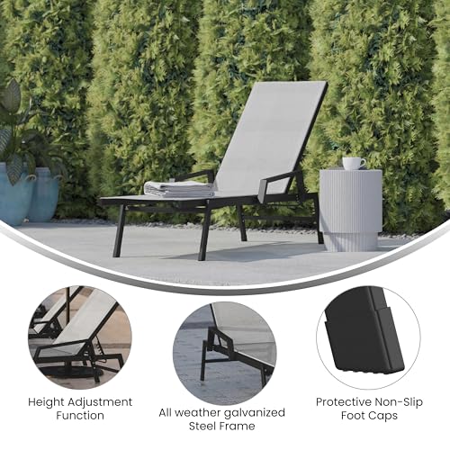 Flash Furniture Brazos Adjustable Chaise Lounge Chair with Arms, All-Weather Outdoor Five-Position Recliner, Black/Gray