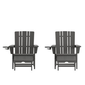 flash furniture halifax poly resin adirondack chair with cup holder and pull out ottoman, all-weather poly resin indoor/outdoor lounge chair, set of 2, gray