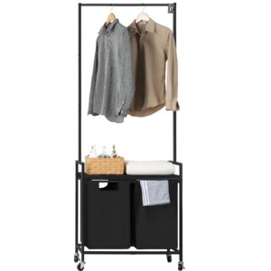 oyeal laundry hamper with lid laundry sorter cart 2 section rolling laundry basket with hanging rack 6 hooks for laundry room bathroom bedroom, black