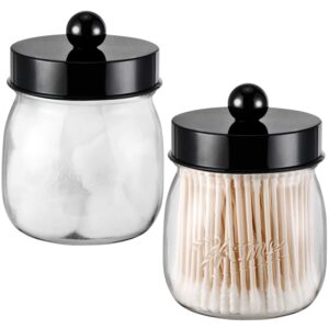 farmhouse decor apothecary jar set,mason jar bathroom vanity storage organizer canister - qtip holder plastic acrylic jar for cotton swabs,cotton pads,floss picks,paper clips,hair clips(2 pack,black)