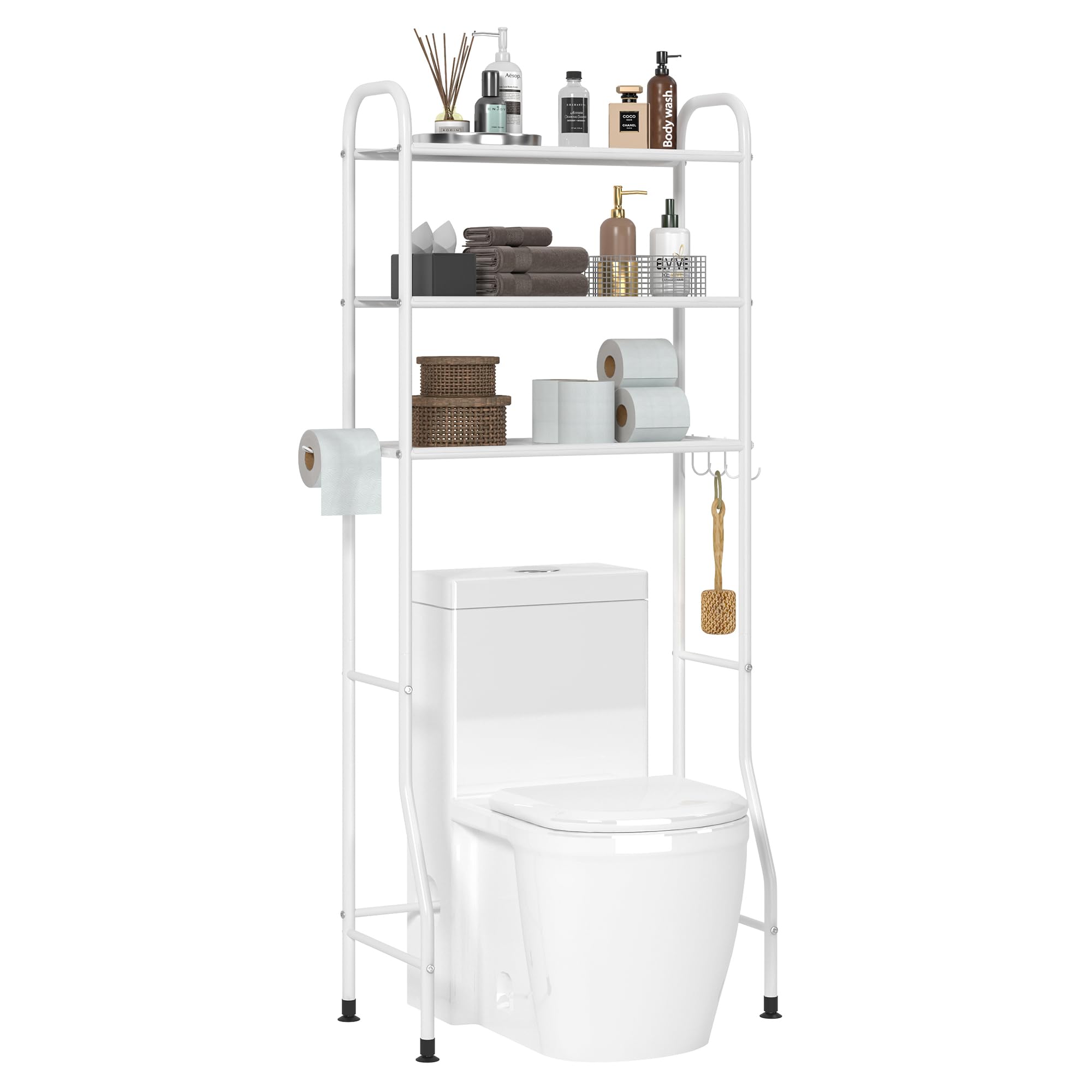 JSB 3 Tier Metal Bathroom Storage Rack Over The Toilet Storage Shelves Multifunctional Bathroom Organizer Finishing Shelf, Space Saver Bathroom Shelf with Toilet Paper Rack (White, 3 Tier)