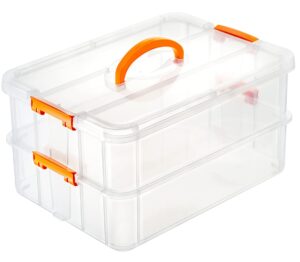 yesland large 2 layer stack & carry box,13.75 x 10 x 7.5 inch plastic multipurpose stackable craft storage box container with orange handle, portable organizer box for stationery, sewing, art craft