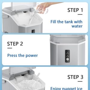 Joy Pebble Nugget Ice Maker, 10,000pcs/33lbs/Day, Portable Handheld Nugget Ice Maker Machine with Handle, Ice Makers Countertop Self-Cleaning, Ice Scoop and Basket, for Home/Office/Party, Silver