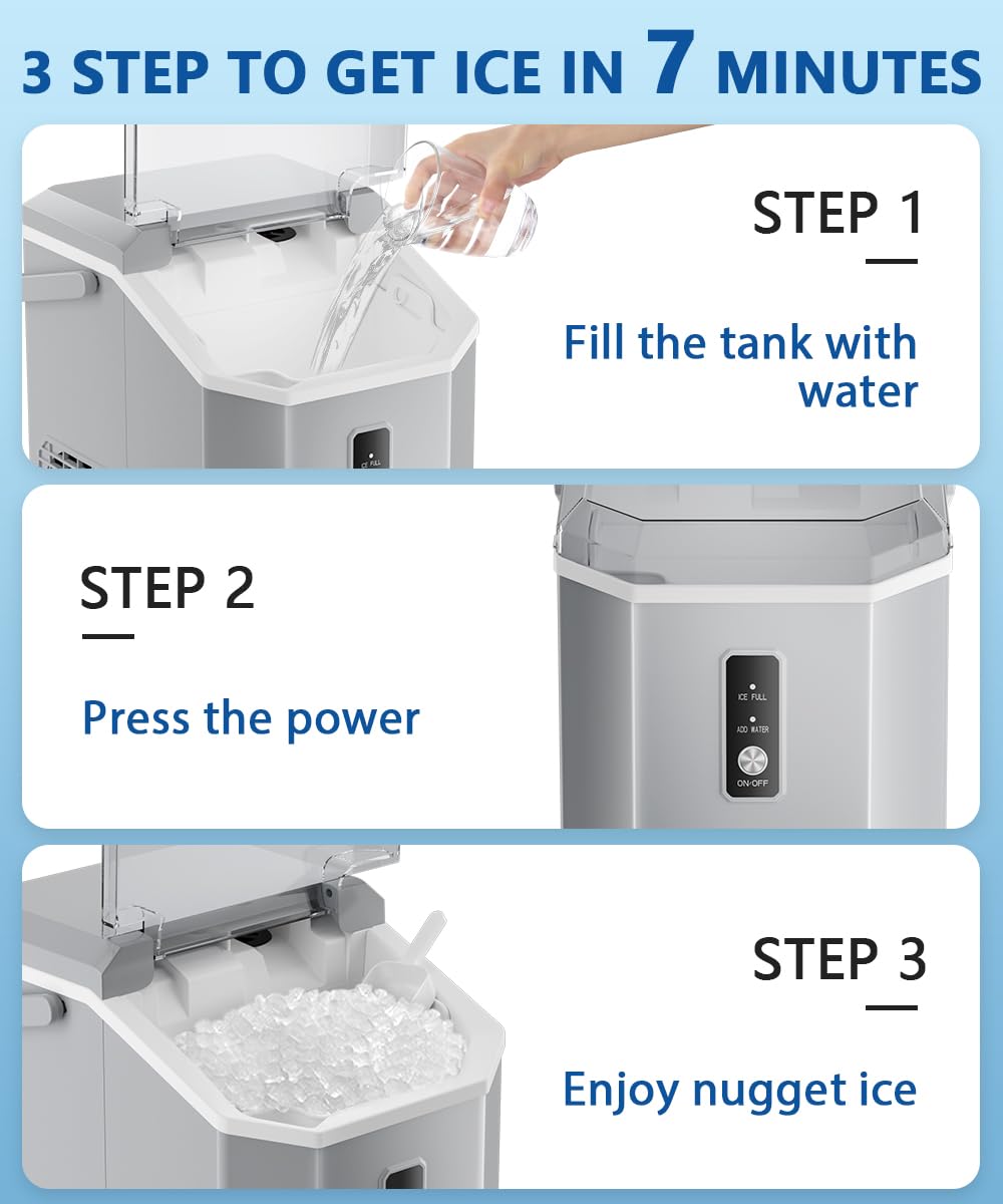 Joy Pebble Nugget Ice Maker, 10,000pcs/33lbs/Day, Portable Handheld Nugget Ice Maker Machine with Handle, Ice Makers Countertop Self-Cleaning, Ice Scoop and Basket, for Home/Office/Party, Silver